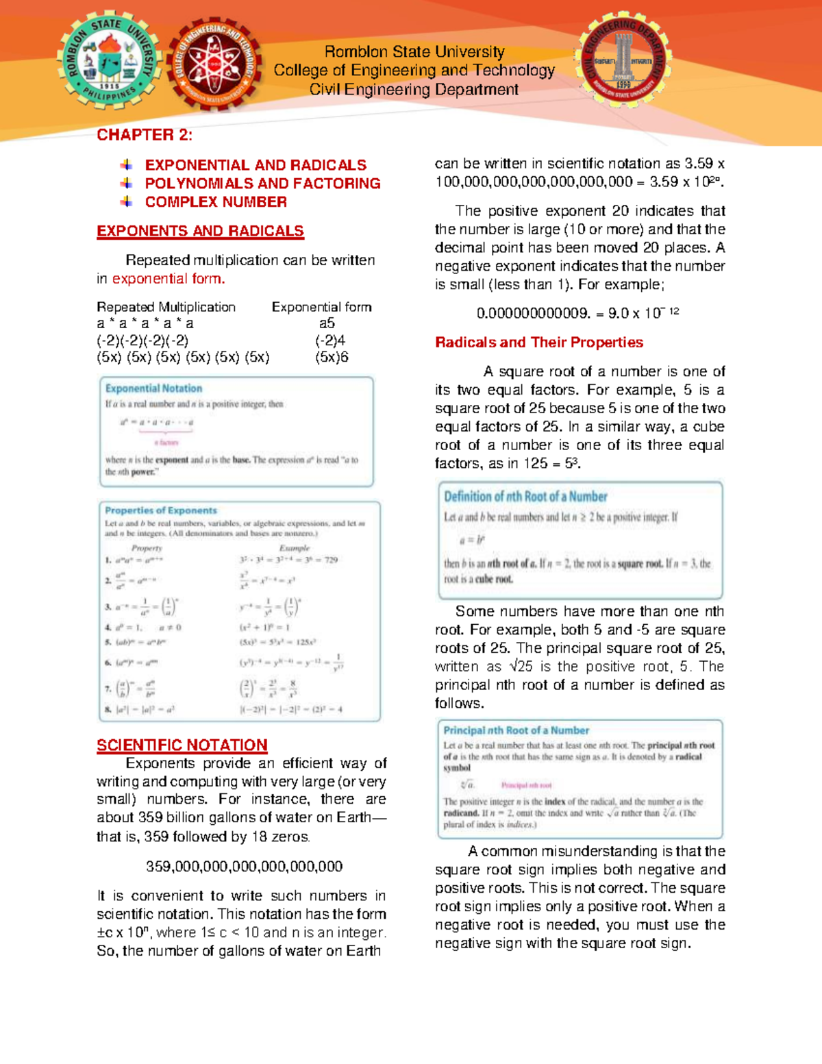 Civil Engineering Department CHAPTER 2: Exponential, Radicals, and ...