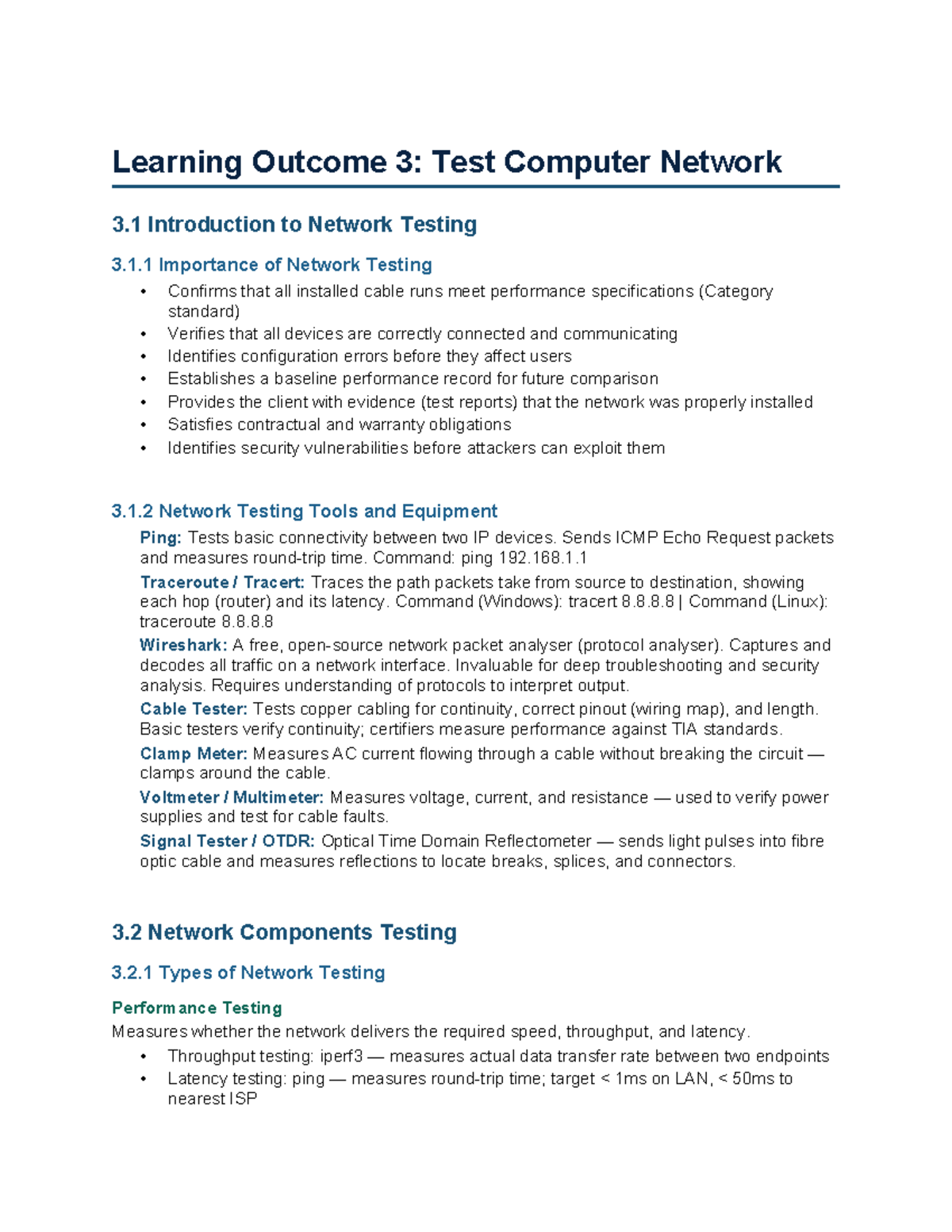 Learning Outcome 3: Network Testing Overview and Tools - Studocu
