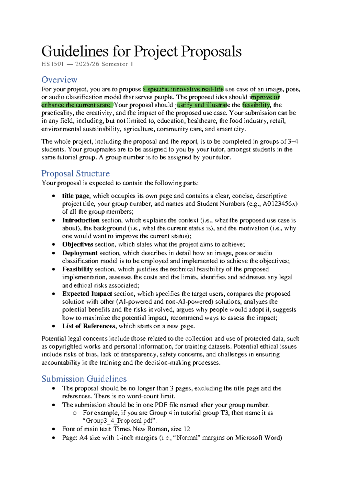 HS1501 Project Proposal Guidelines: Innovative Use Cases in AI - Studocu