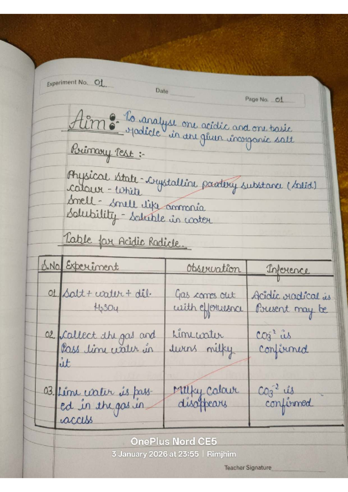 Experiment No. 01: Analysis of Acidic and Basic Radicals in Inorganic ...