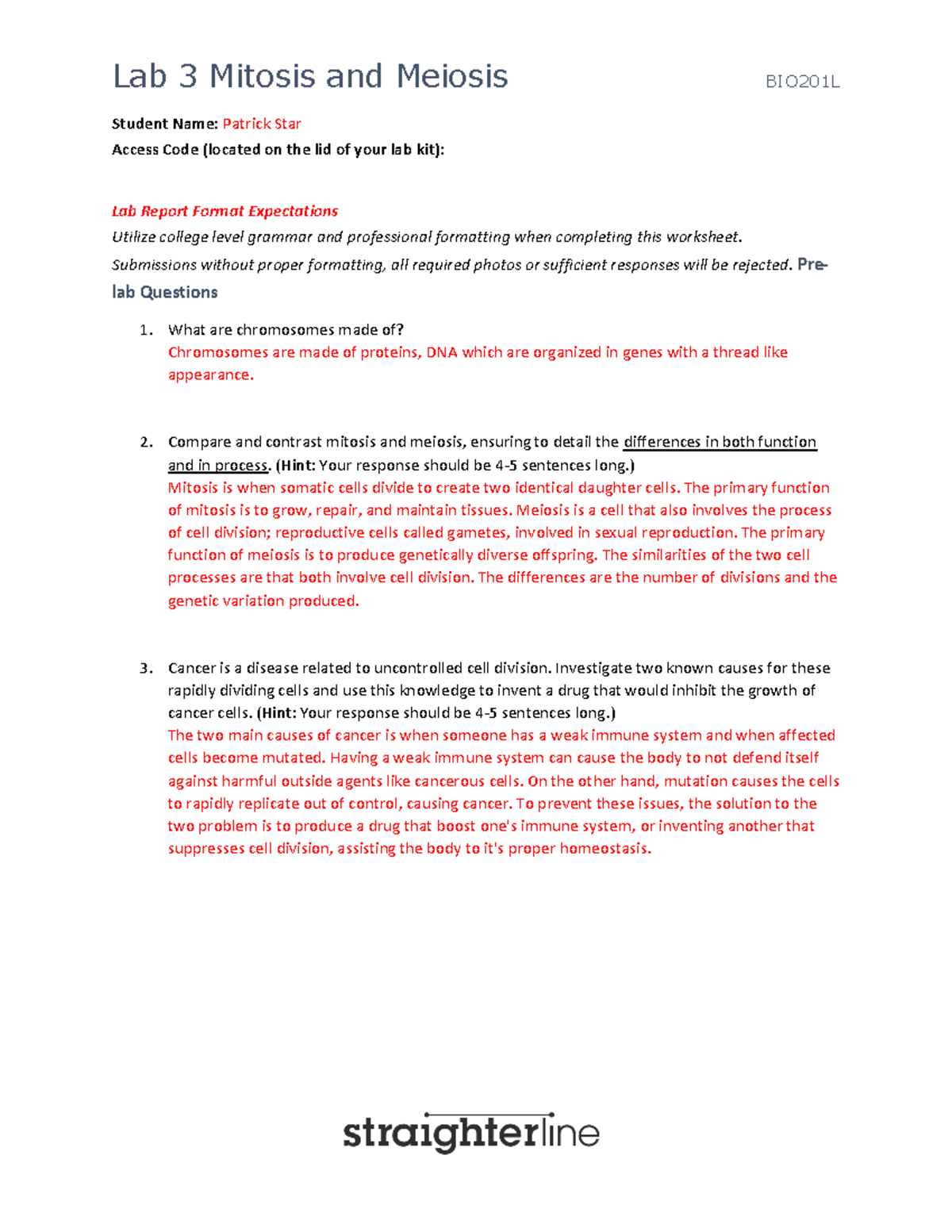Ap lab 3 - Lab assignment guide - Student Name: Patrick Star Access Code (located on the lid of ...