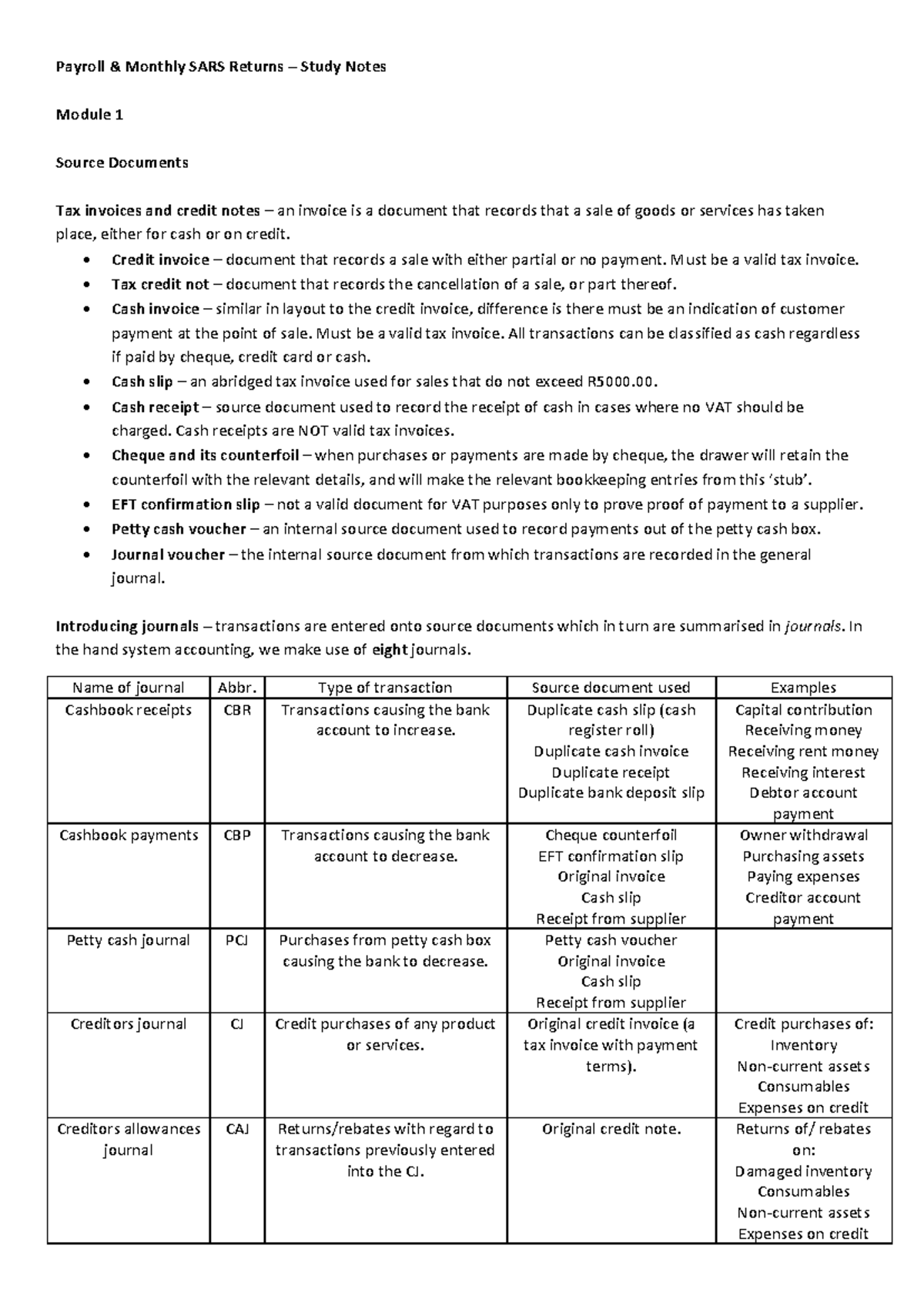 Payroll & Monthly SARS Returns - Study Notes (Module 1) - Studocu