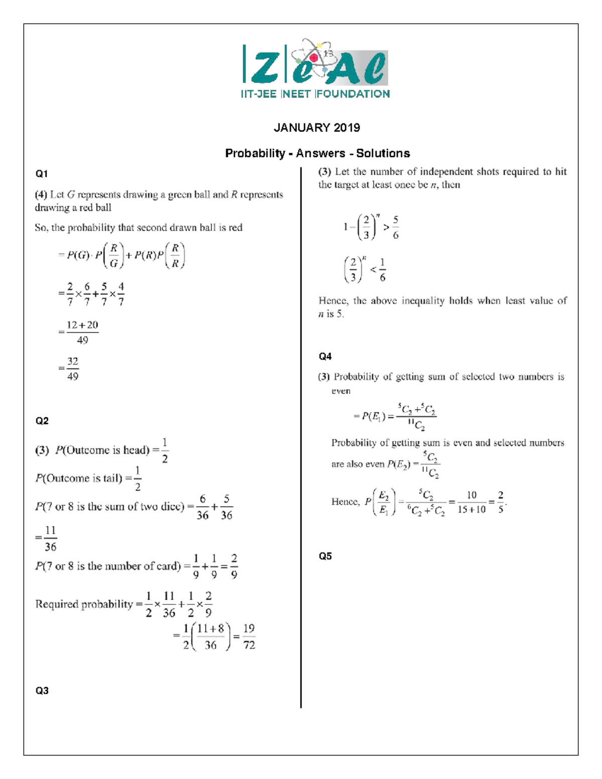 JEE Mains Probability Answers & Solutions - Previous Year Questions - Studocu