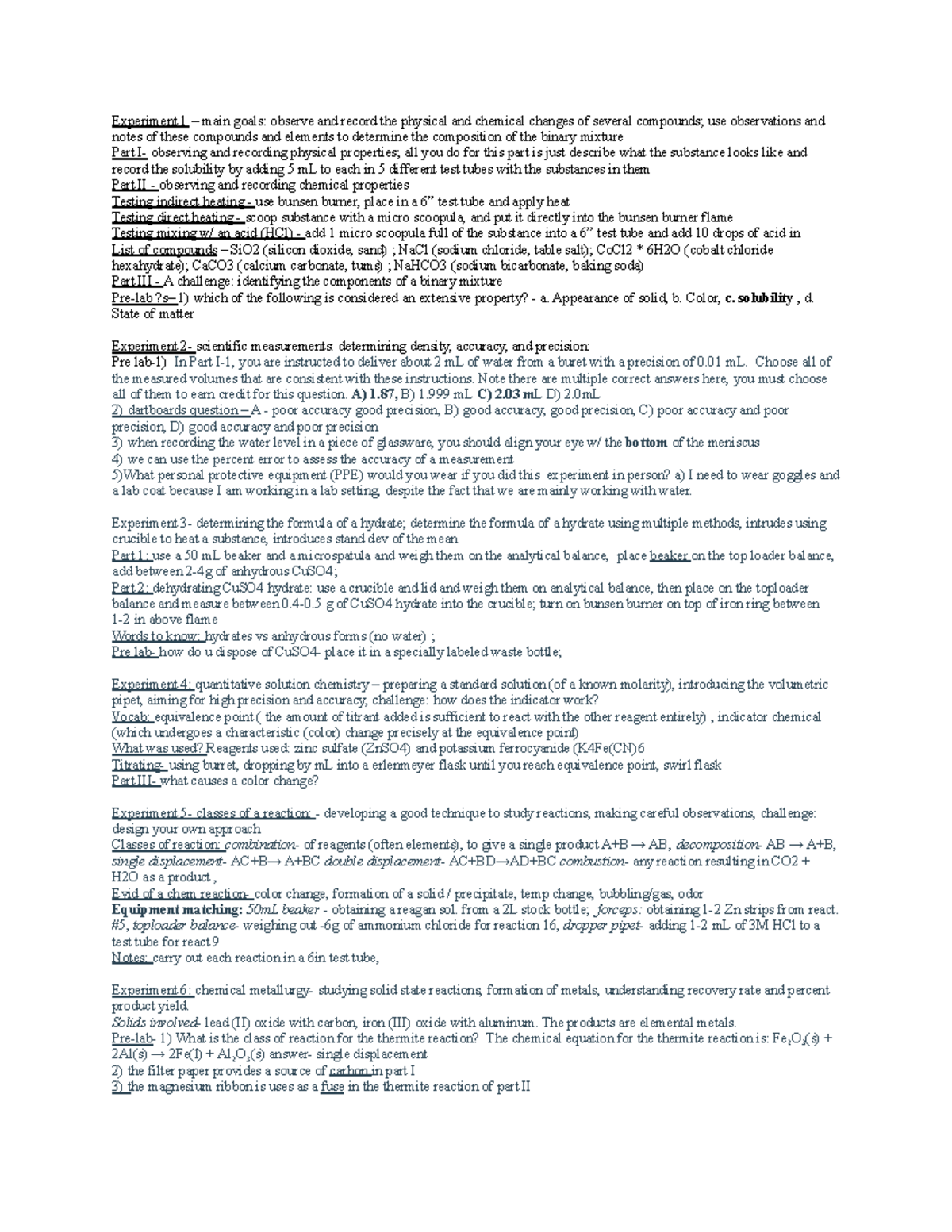 Chem 1 Lab Final Exam Cheat Sheet: Key Experiments & Tips - Studocu