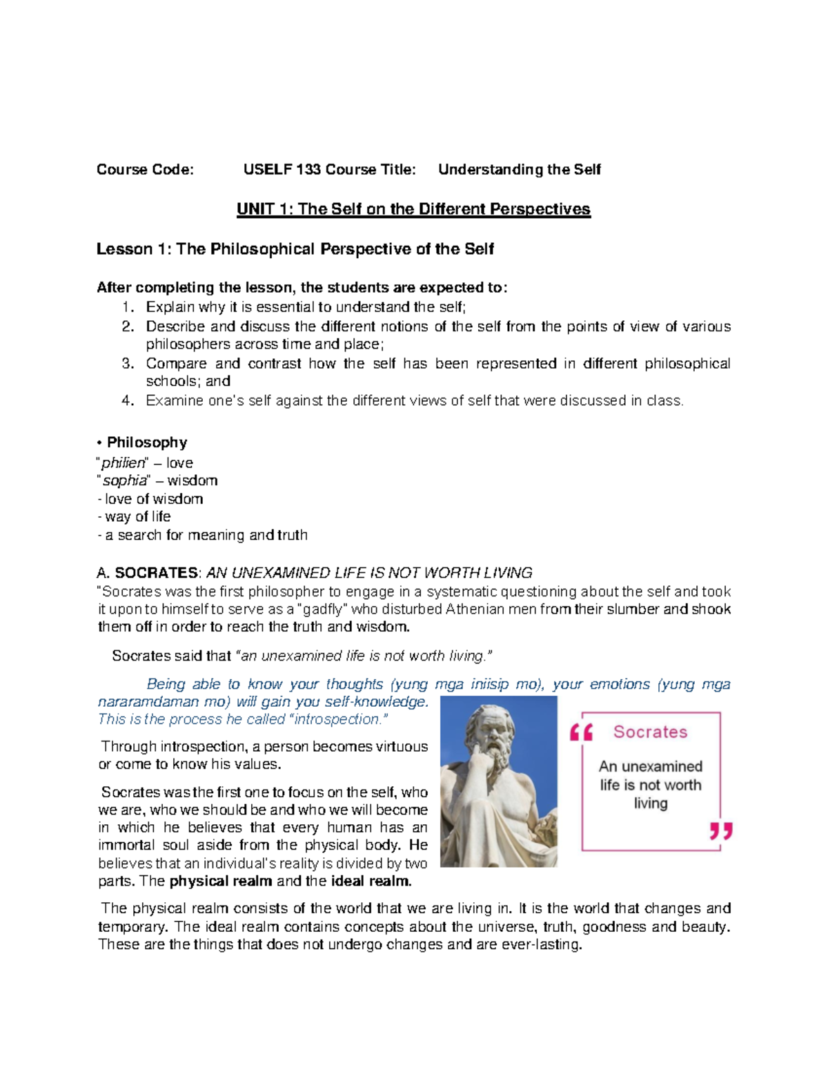 USSELF 133 - Lesson 1: Philosophical Perspectives on the Self - Studocu