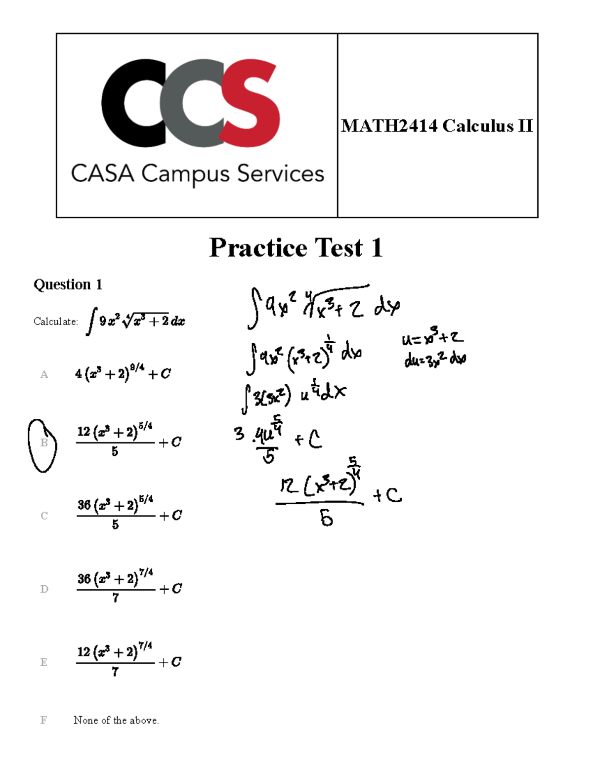 MATH2414 Calculus II Practice Test 1 Questions and Solutions - Studocu