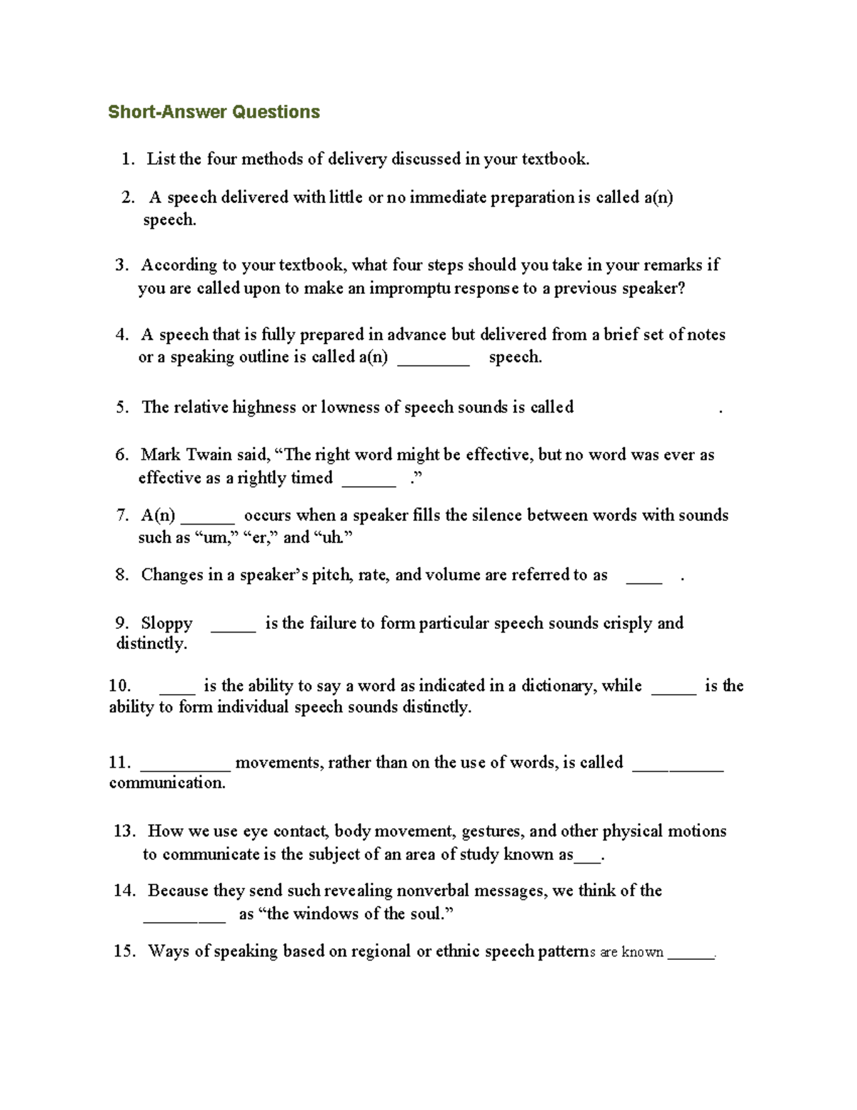 Chapter 13 Short Answer: Speech Delivery Methods & Communication - Studocu