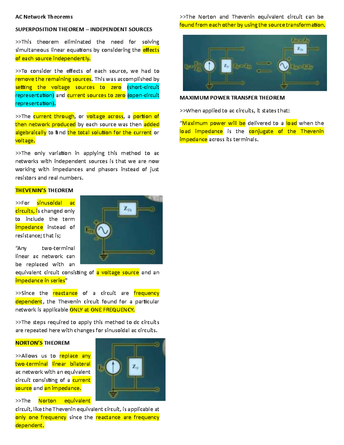 Lesson 9 - AC Network Theorems: Superposition, Norton & Thevenin - Studocu