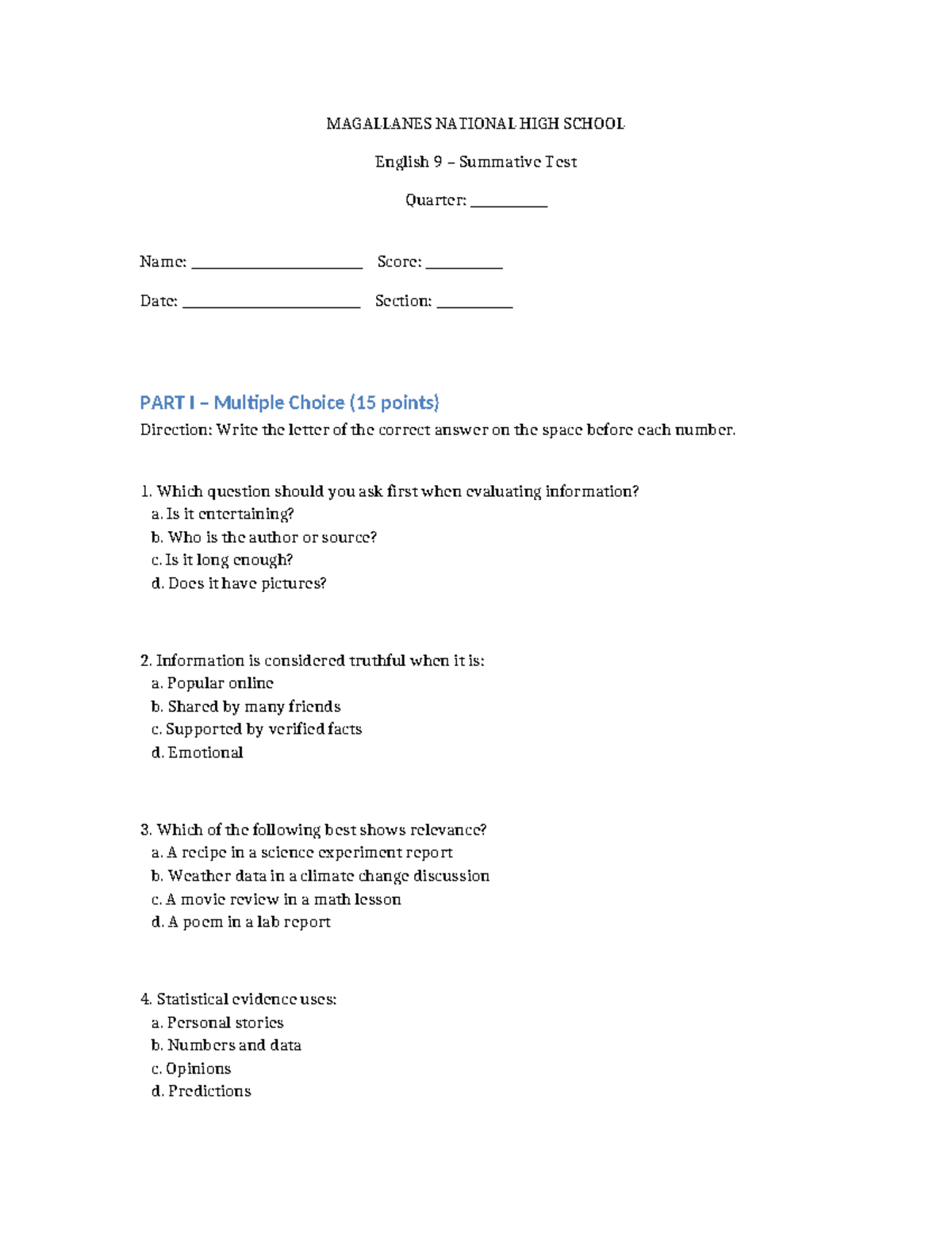 English 9 Summative Test: Relevance, Truthfulness & Evidence Types ...
