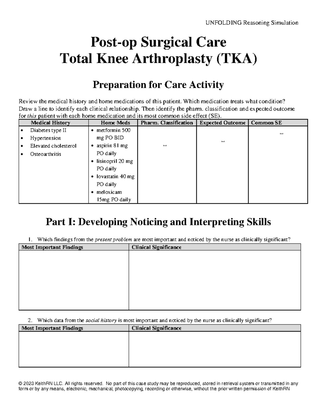 UNFOLDING Reasoning Simulation: TKA Patient Care Case Study Review ...