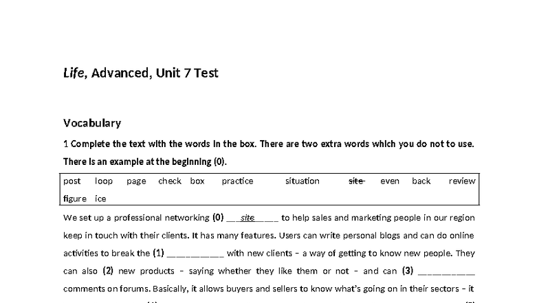 Life 2e Advanced Unit 7 Test Vocabulary & Exercises - Studocu