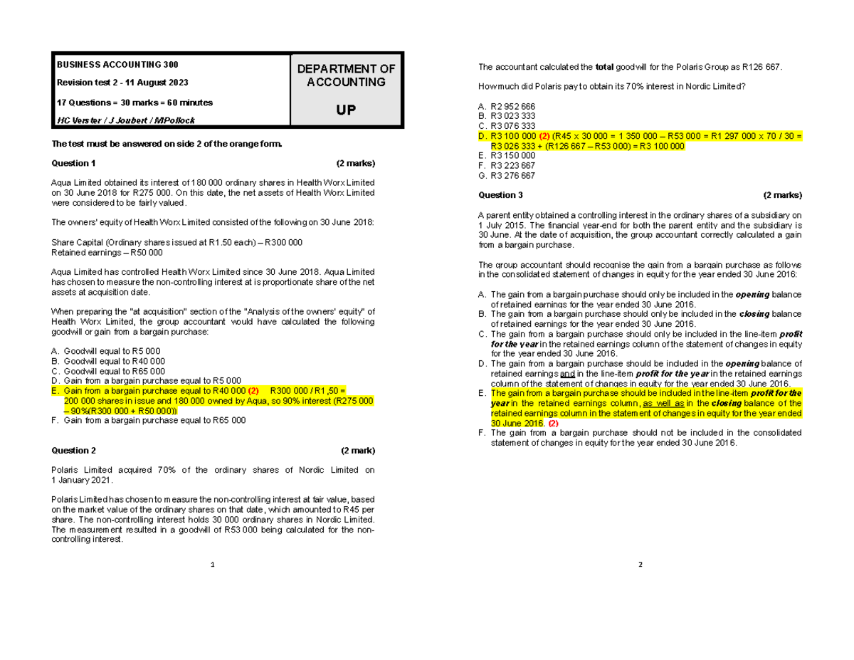 BAC 300 Business Accounting Revision Test 2 Solutions 2023 - Studocu