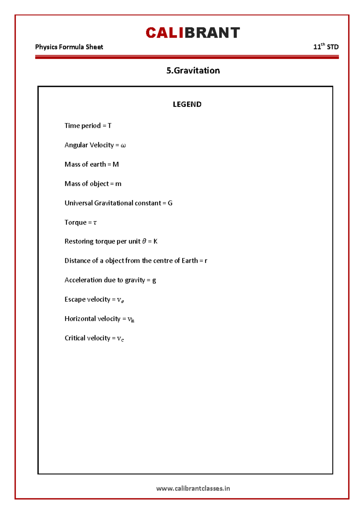 CALIBRANT 11th STD Physics Formula Sheet: Gravitation Concepts - Studocu
