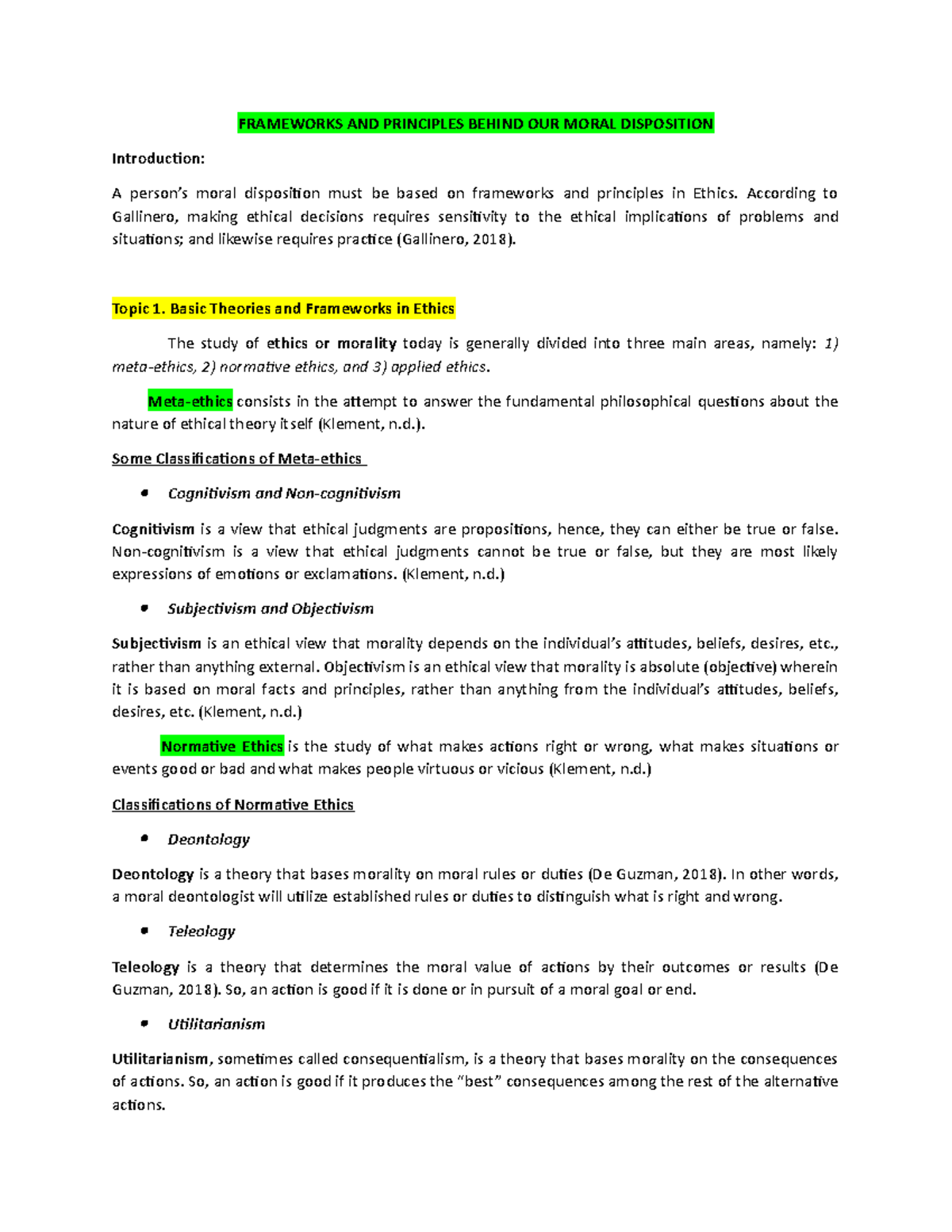 Study Guide Ethics(Module 4) - FRAMEWORKS AND PRINCIPLES BEHIND OUR ...