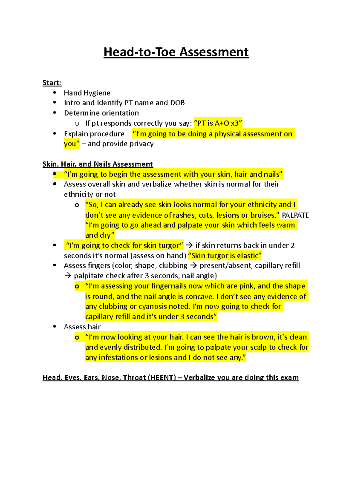 Head-to-Toe Assessment Guide: Essential Cheat Sheet for Nursing - Studocu