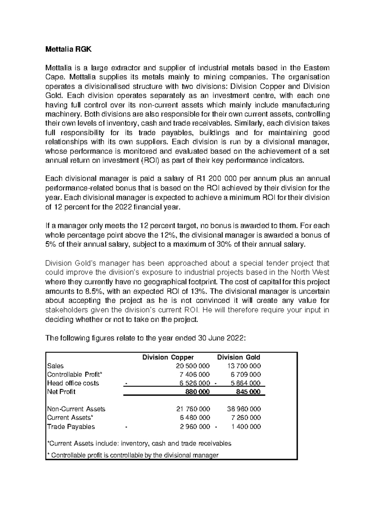 Divisional Performance Analysis for MGT 202: ROI and Bonus Calculations ...