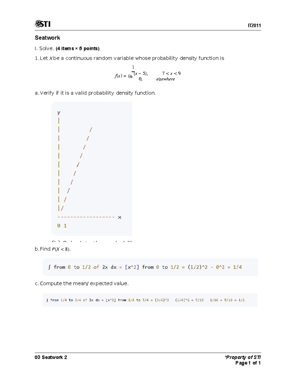 IT2011 Seatwork I: Probability Density Function & Expected Value - Studocu