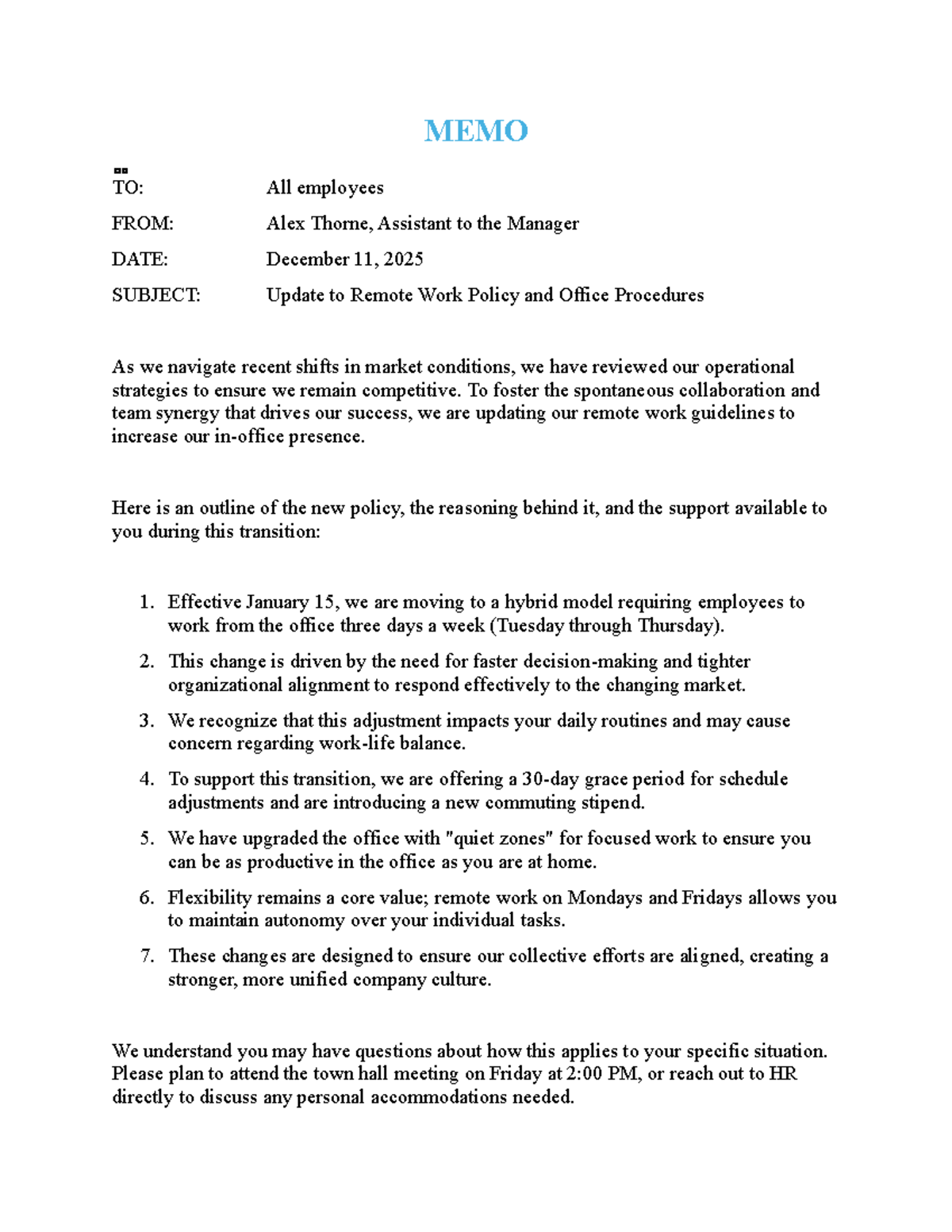 MEMO: Update on Remote Work Policy & Office Procedures - Studocu