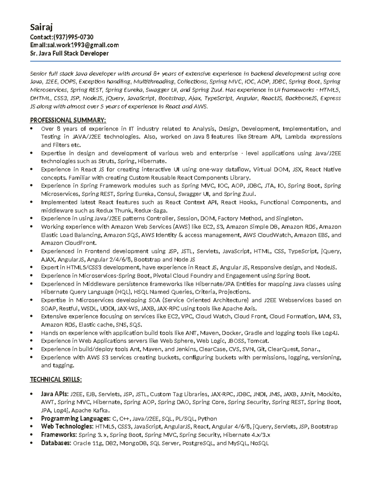 Java Full Stack Developer CV Sample - Sairaj Sr. - Studocu