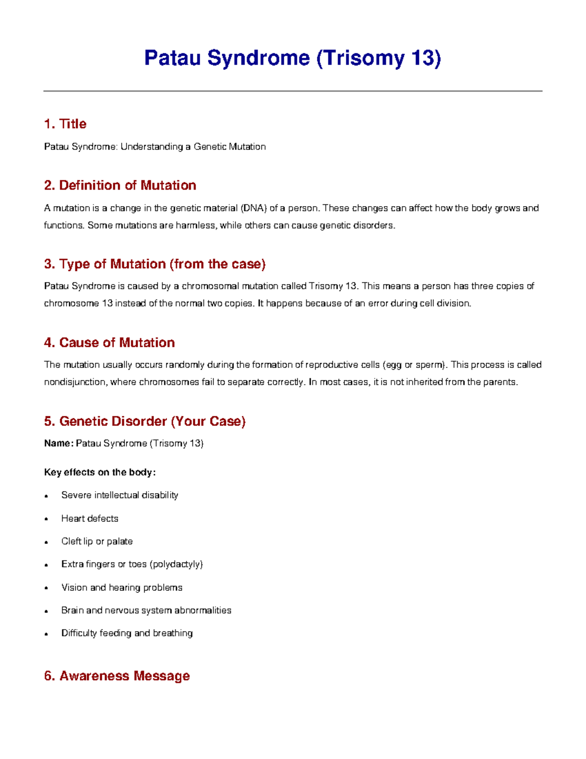 Patau Syndrome (Trisomy 13): Genetic Mutation Overview Poster - Studocu
