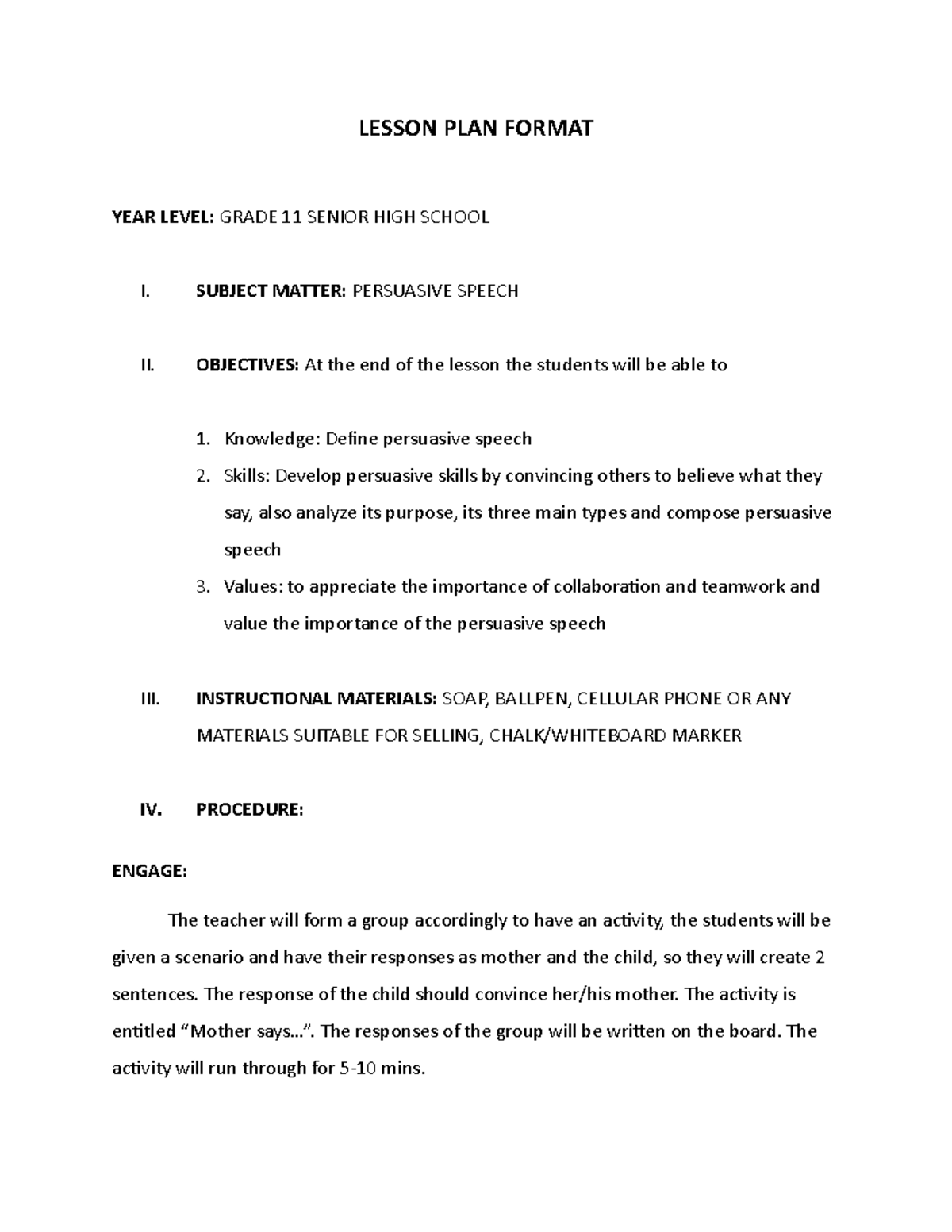 Lesson Plan: Persuasive Speech for GRADE 11 Senior High School - Studocu