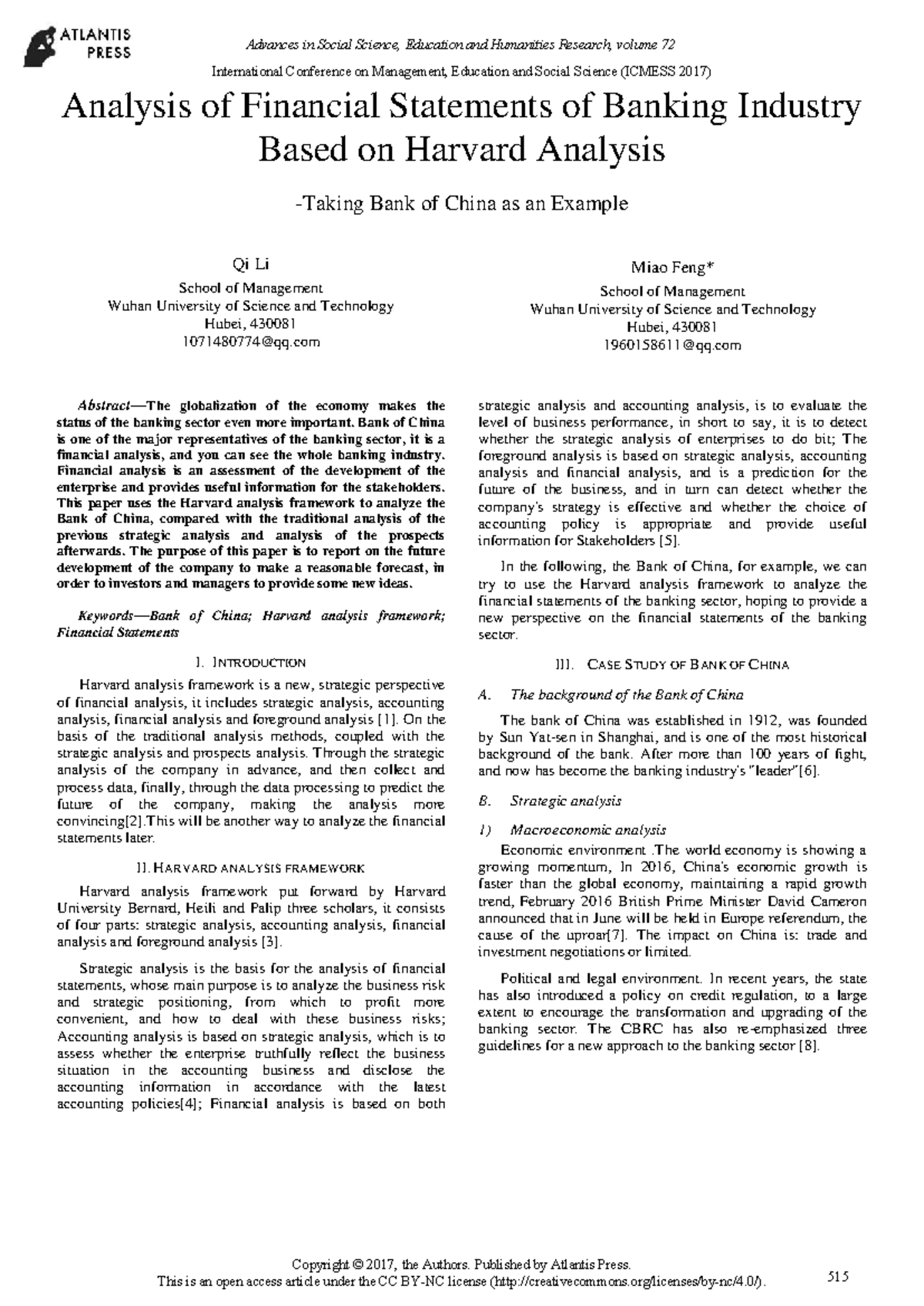 Analysis of Financial Statements of Bank of China Using Harvard ...