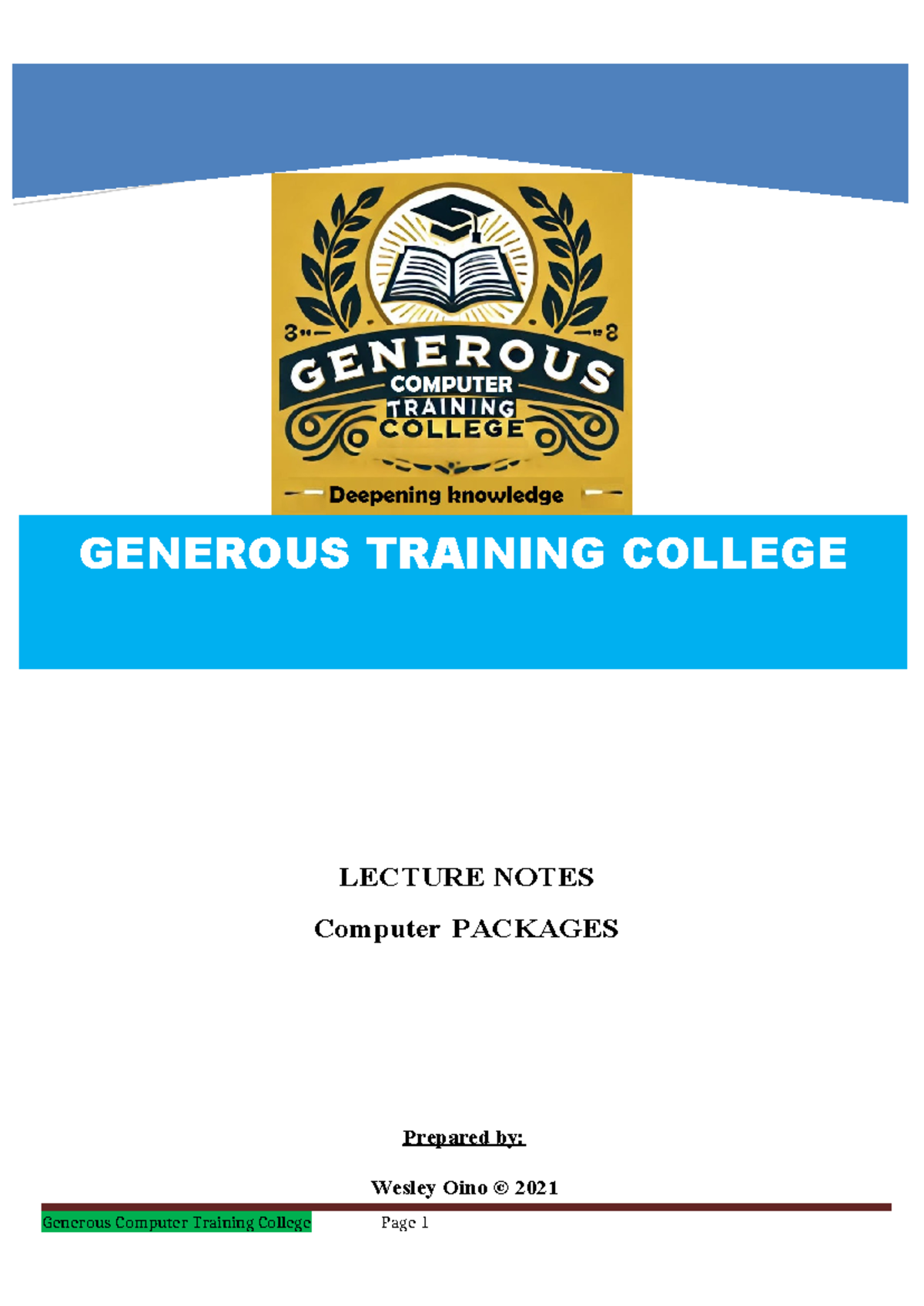 Generous Computer Training Notes - LECTURE NOTES Computer PACKAGES ...