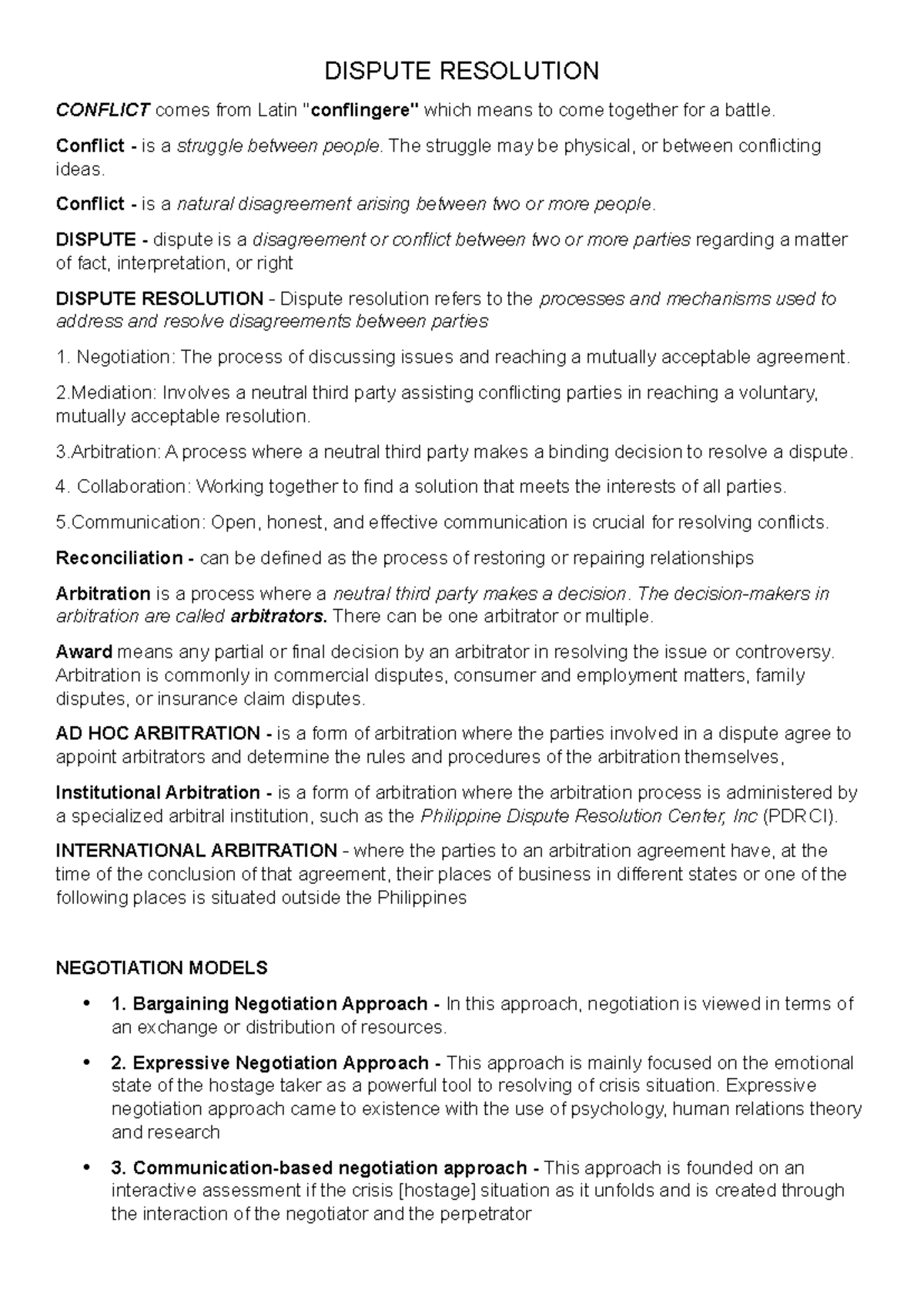 Dispute Resolution - Lecture Notes on Conflict and Mediation - Studocu