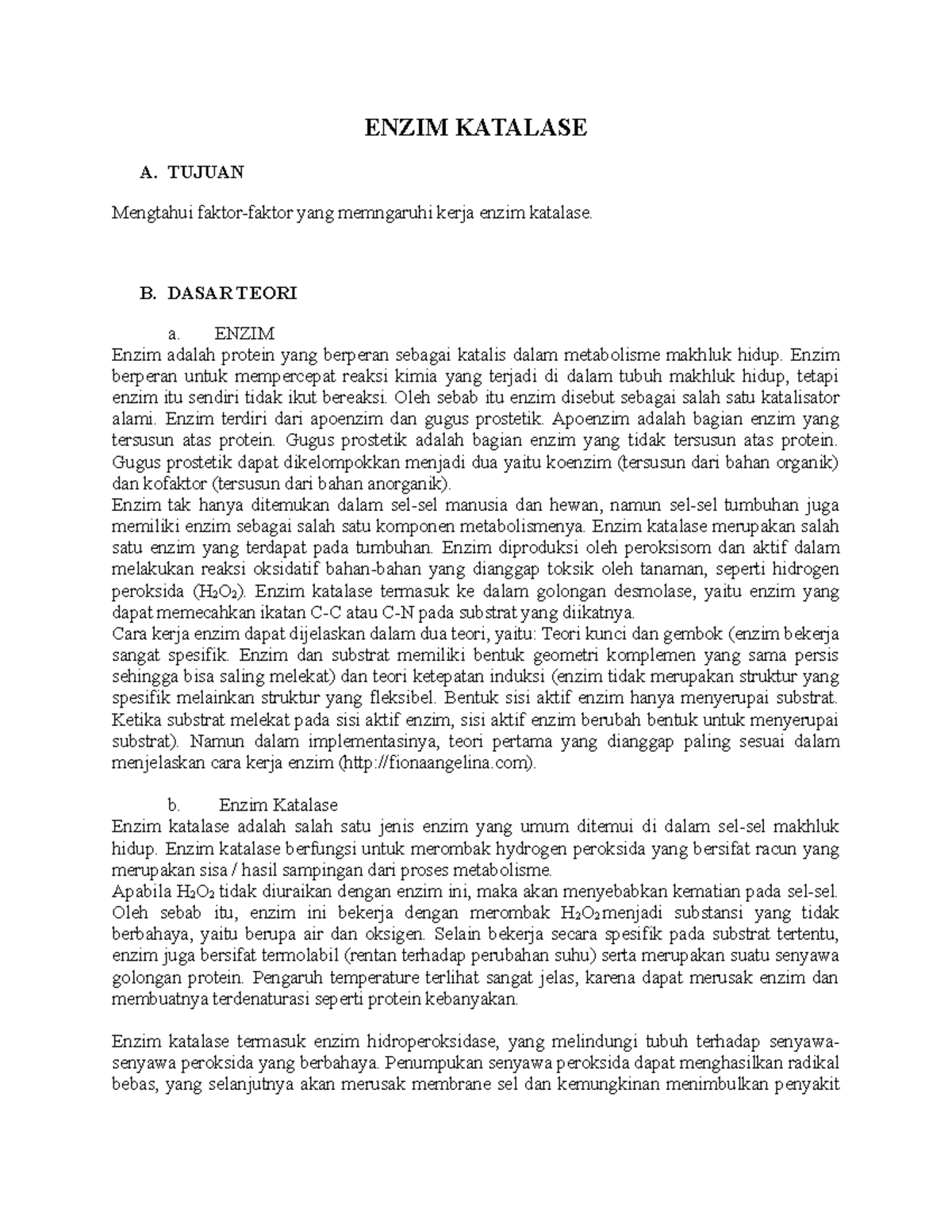 Laporan Praktikum Biologi: Pengaruh Faktor pada Enzim Katalase - Studocu