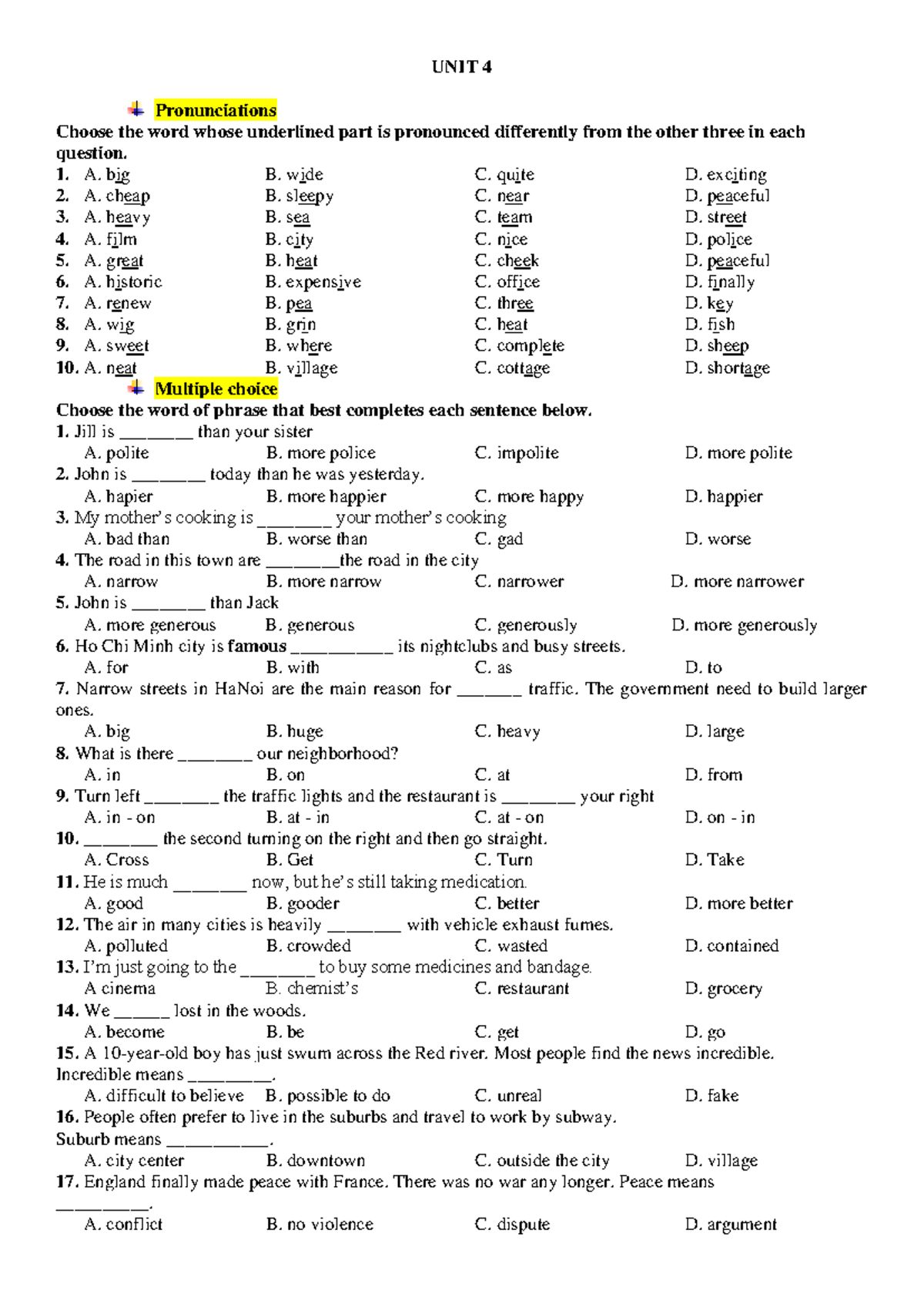 Grade 6 Revision Test: Unit 4 Pronunciation & Vocabulary - Studocu