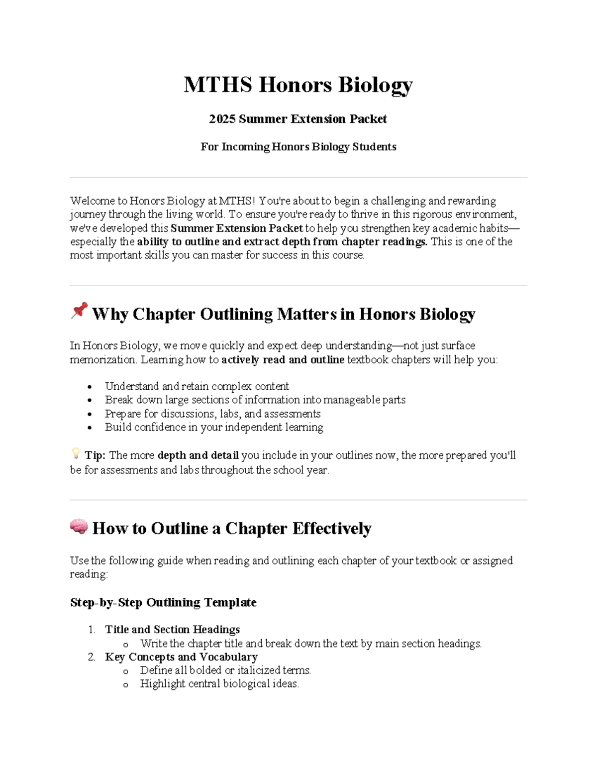 MTHS Honors Biology 2025 Summer Extension Packet for Students - Studocu
