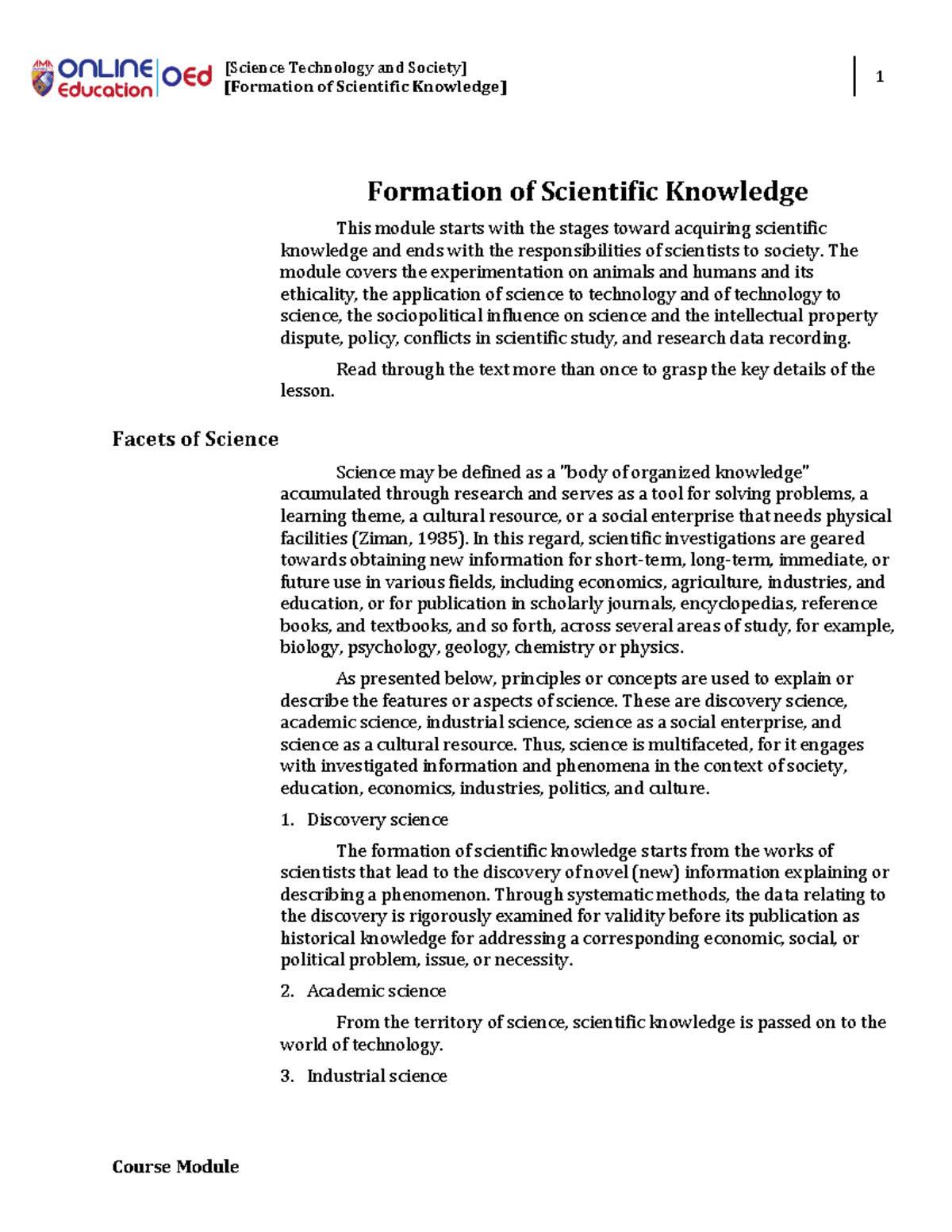Module 1 - Formation of Scientific Knowledge in Science & Tech - Studocu