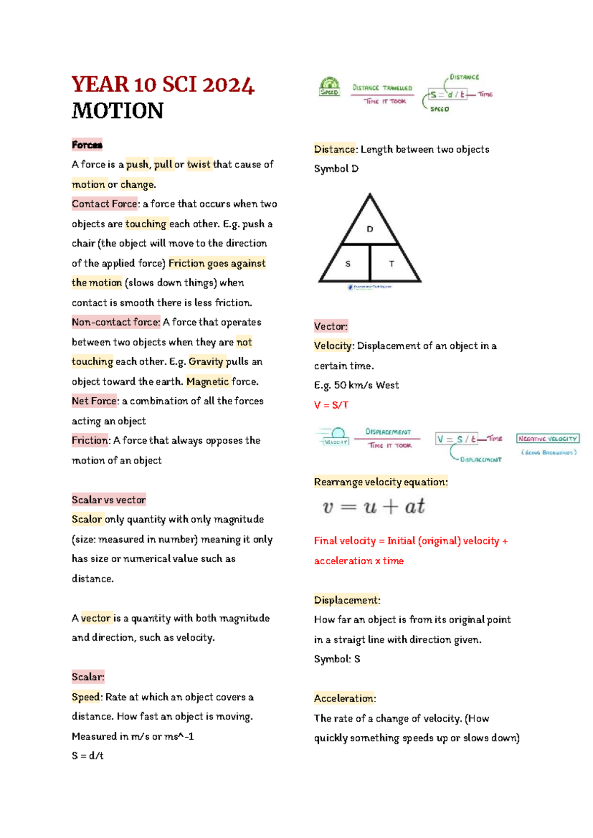 YEAR 10 SCI 2024 Motion and Forces Study Notes - Studocu