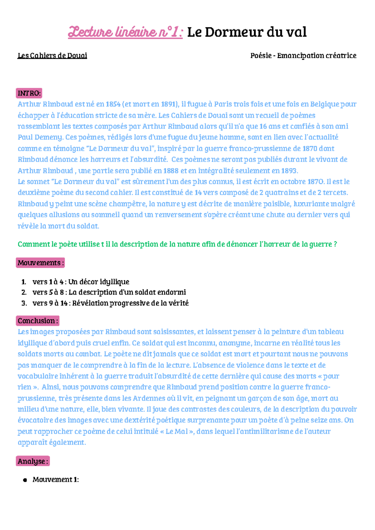 Lecture linéaire n°1 Le dormeur du Val - 1. 2. 3. Lecture linéaire n°1 ...