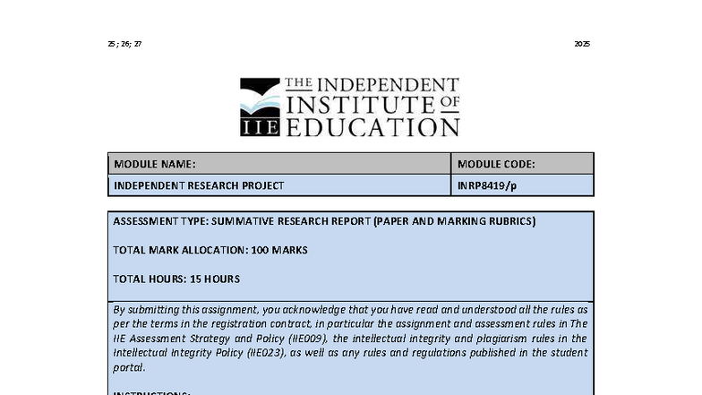 Independent Research Project Report (2025) - Summative Assessment - Studocu