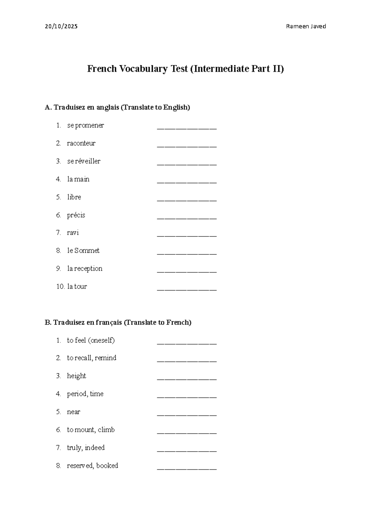 French Vocabulary Test (Intermediate II) by Rameen Javed - Studocu