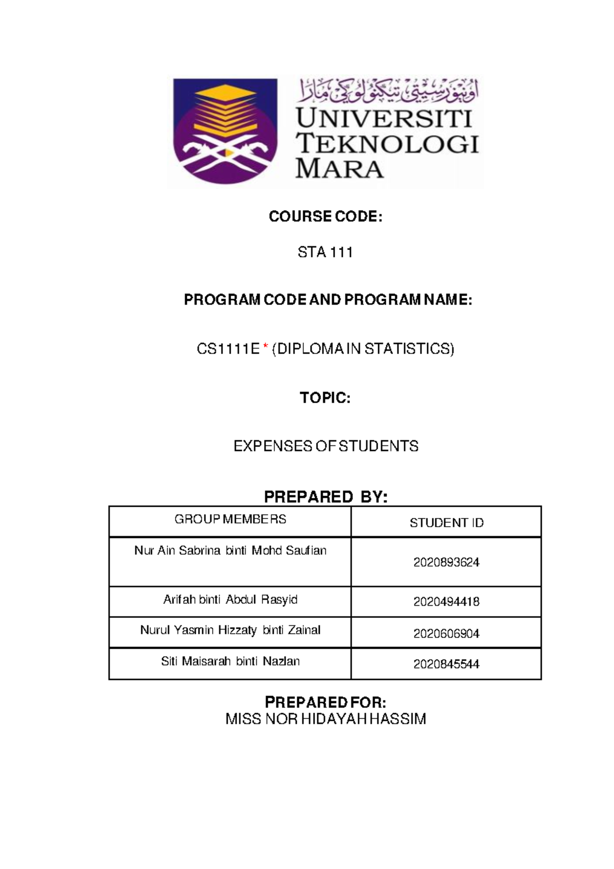 Sta111 assignment - COURSE CODE: STA 111 PROGRAM CODE AND PROGRAM NAME ...