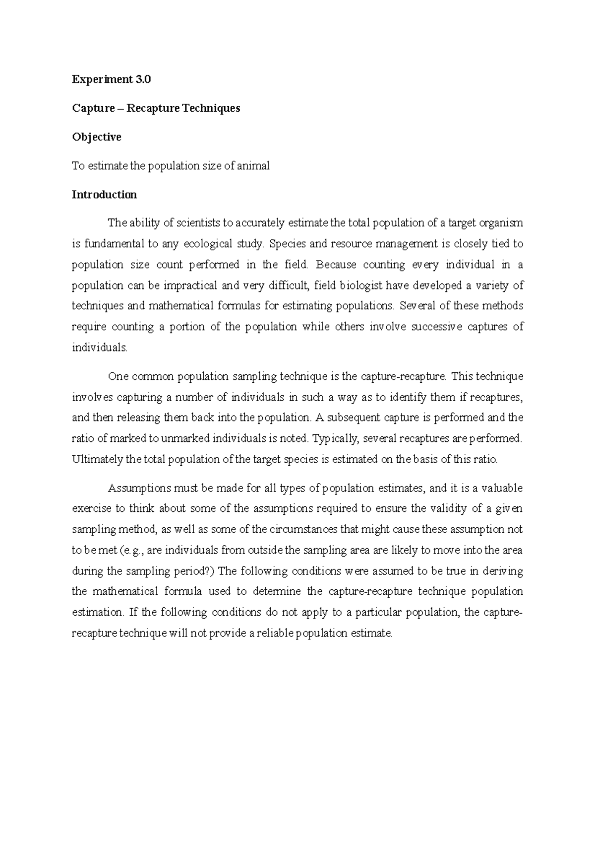 Experiment 3: BIO330 Capture-Recapture Techniques for Population ...