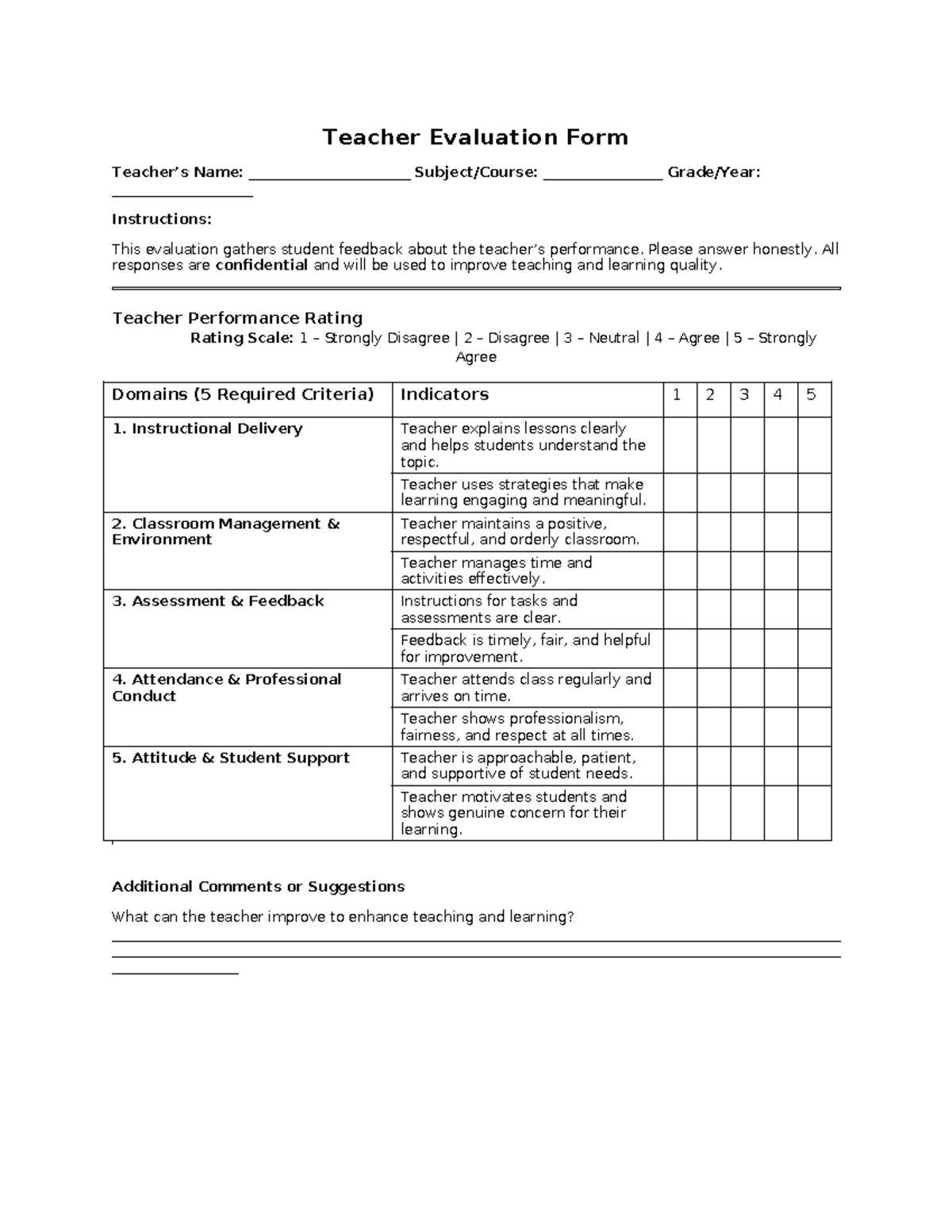 Teacher Evaluation Form: Student Feedback on Performance - Studocu