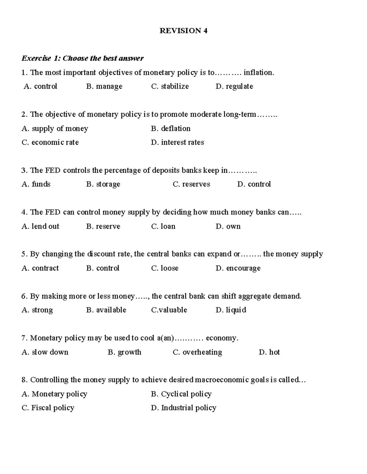 Revision Notes - Unit 4: Luyện Tập on Monetary Policy - Studocu