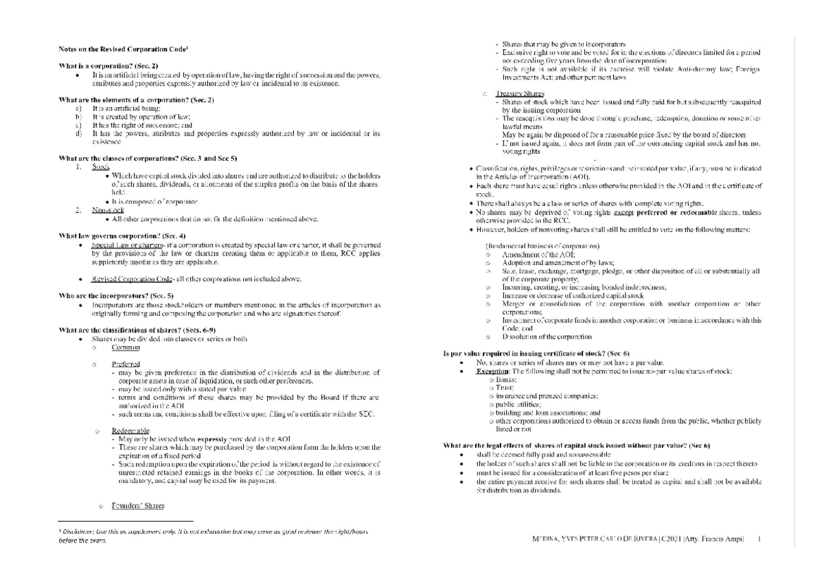 Revised Corporation Code (RCC) Overview: Key Concepts and Provisions - Studocu