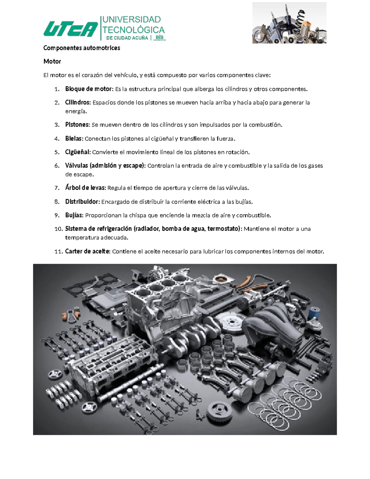 Componentes Automotrices: Motor, Suspensión e Interiores - Studocu