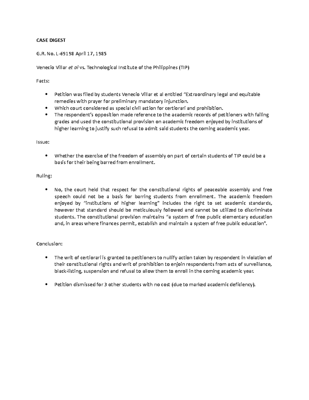 CASE DIGEST: Villar vs. Technological Institute of the Philippines ...