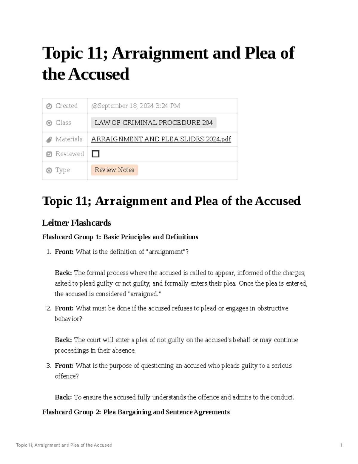 LAW OF CRIMINAL PROCEDURE 204: Arraignment & Plea Overview 2024 - Studocu