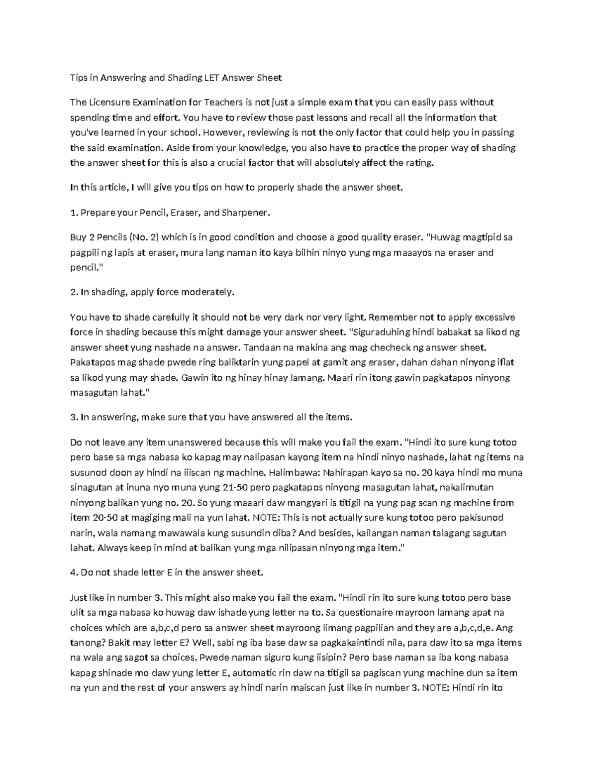 Tips for Shading LET Answer Sheet: Key Practices for Success - Studocu