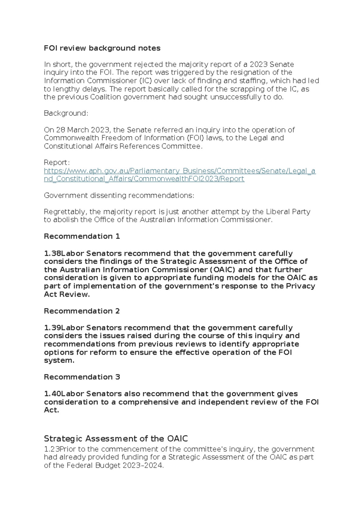 FOI Review Background Notes: Senate Inquiry Insights and ...