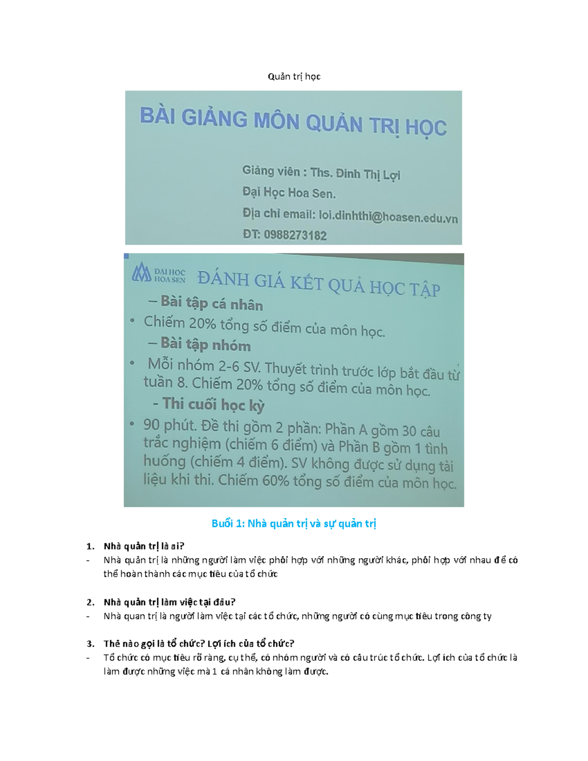 Note - tài liệu - Qu n tr h cả ị ọ Bu i 1: Nhà qu n tr và sổ ả ị ự qu n ...