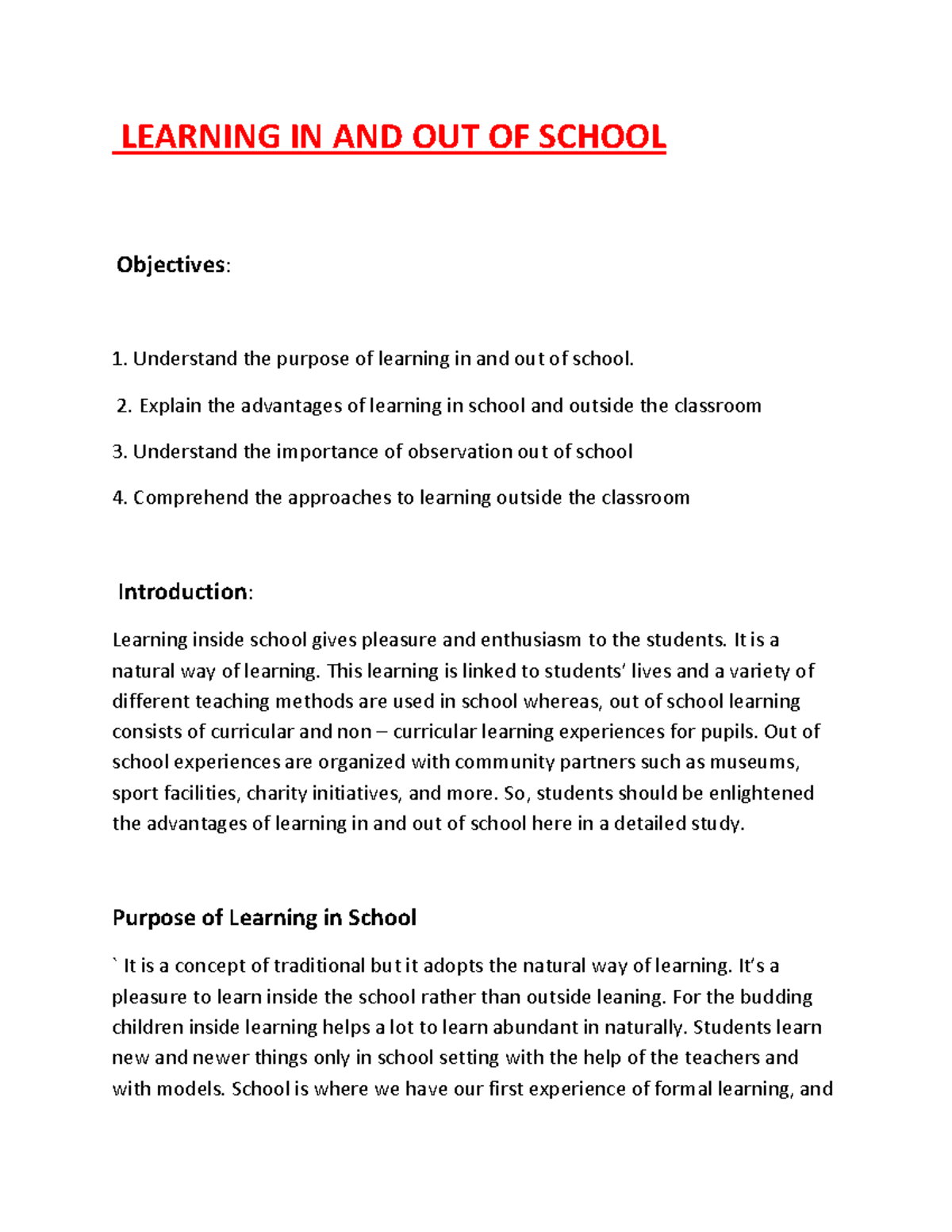 Learning IN AND OUT OF School - LEARNING IN AND OUT OF SCHOOL ...