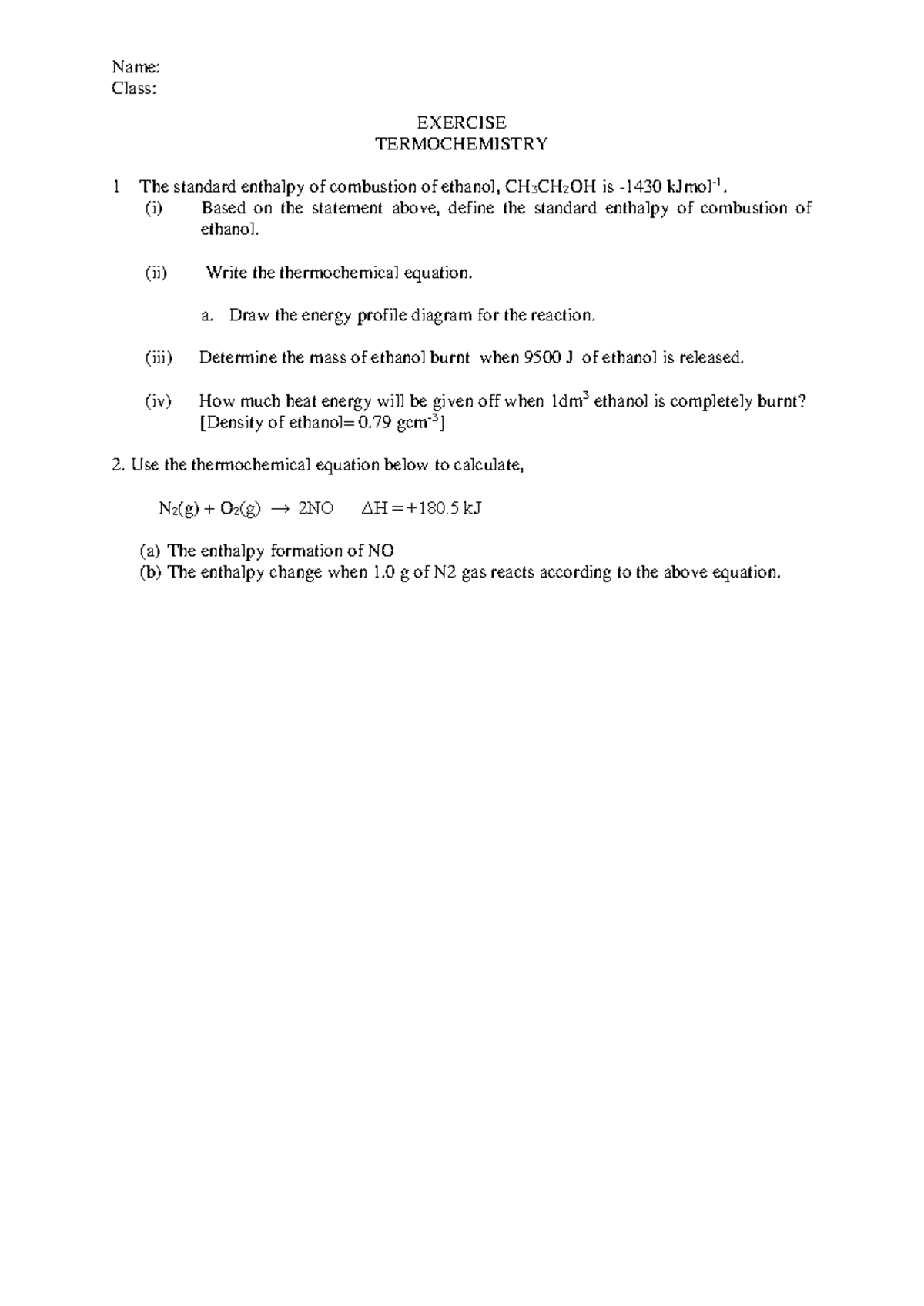 QUIZ 1 Thermochemistry 2025: Enthalpy of Combustion of Ethanol - Studocu