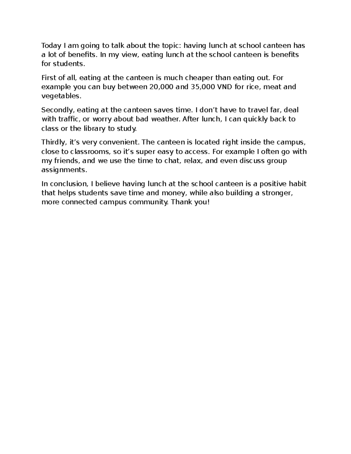 Benefits of Eating Lunch at School Canteen - Bài nói 3 - Studocu